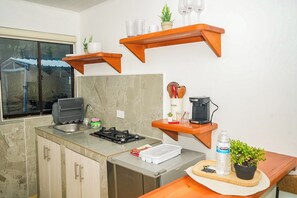 Apartamento Standard, vista para o jardim | Cozinha privada | Minifrigorífico, uma placa de cozinha, utensílios de cozinha 