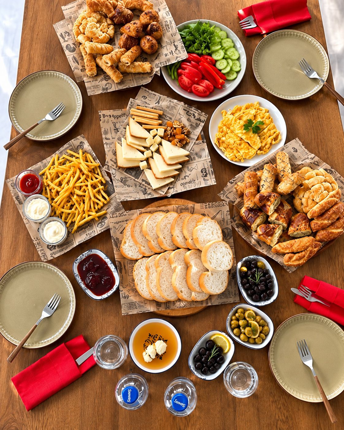 Uma mesa com diversos alimentos e acompanhamentos, incluindo pão, queijo e legumes.