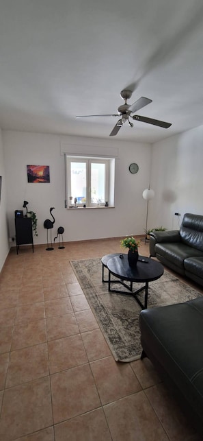 Sala de estar com ventilador de teto, sofá, mesa de centro com uma planta e janela com vista.