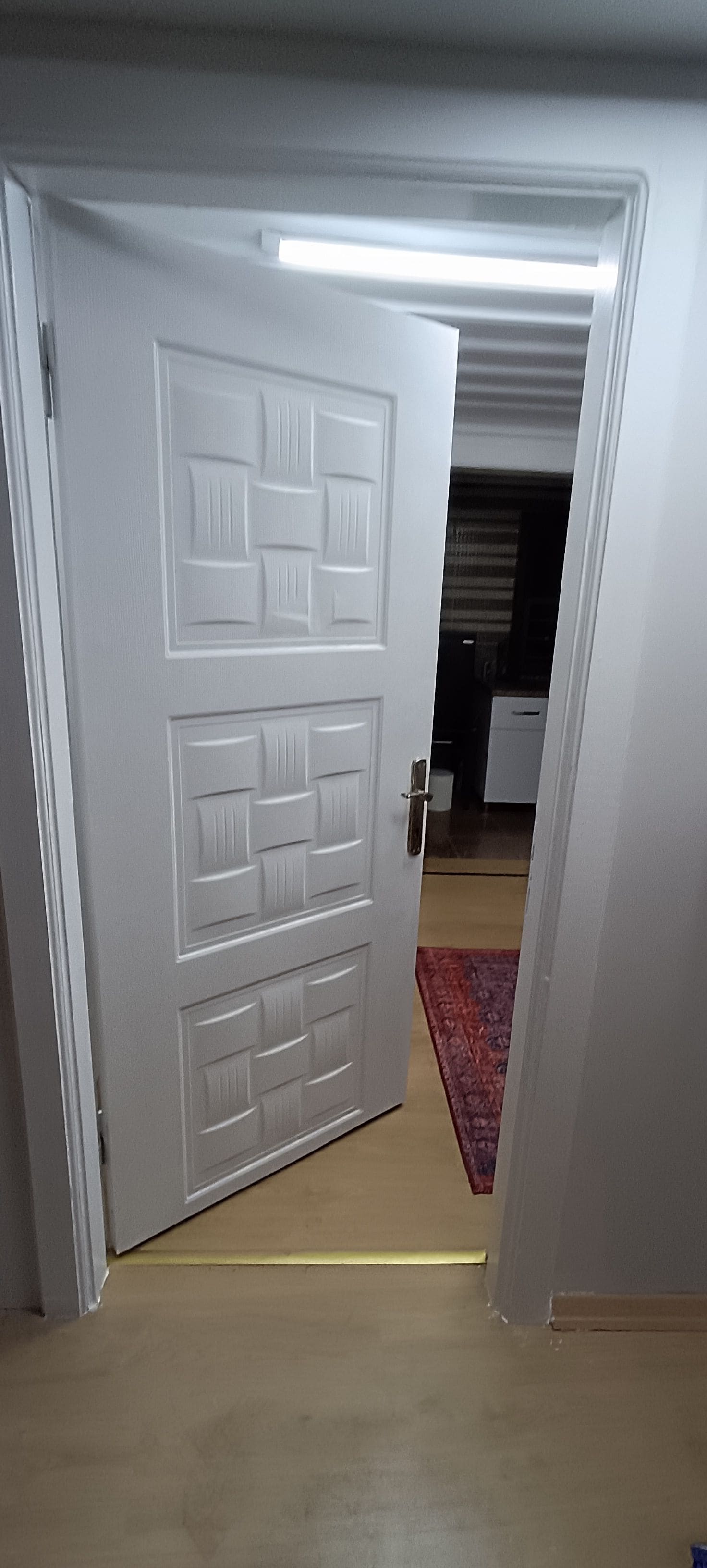 Uma porta branca com painel texturizado, dando acesso a um quarto com cozinha visível e um tapete vermelho no chão.