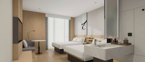 Quarto de hotel moderno com uma cama grande, mesa de cabeceira, escrivaninha, cadeira, espelho amplo e janela com cortinas.