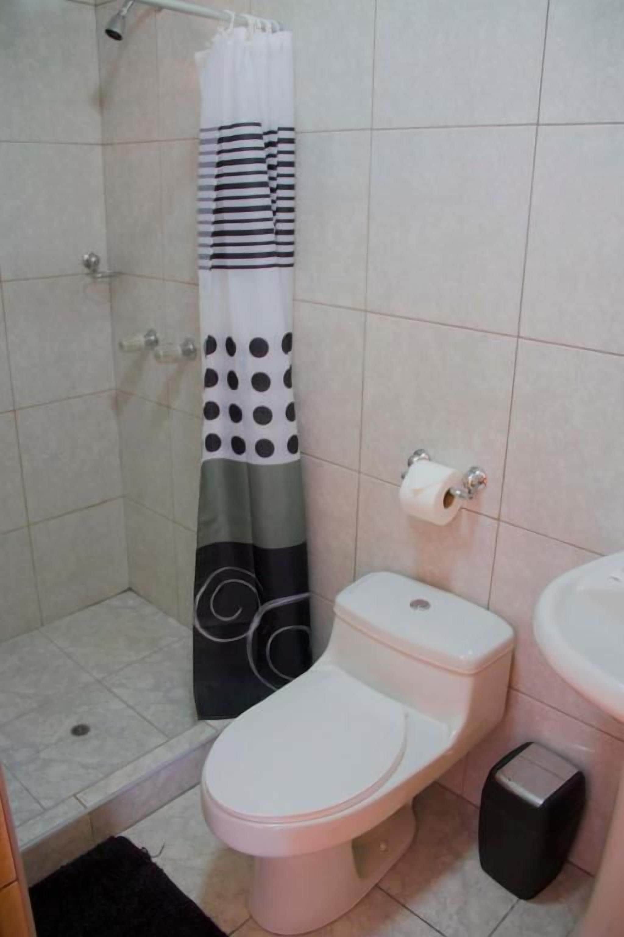 Casa de banho com sanita, cortina de chuveiro e suporte para rolo de papel higiénico.