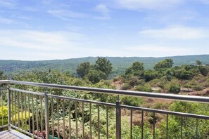 Varanda com guarda-corpo metálico com vista para uma paisagem verdejante, com árvores e colinas.