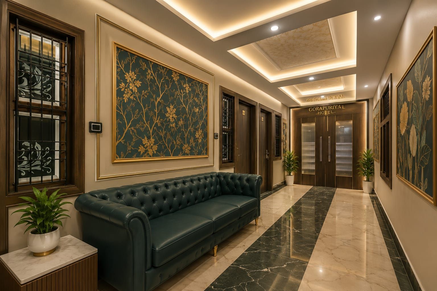 Um hall de hotel com um sofá verde escuro, uma pintura floral grande e piso de mármore.
