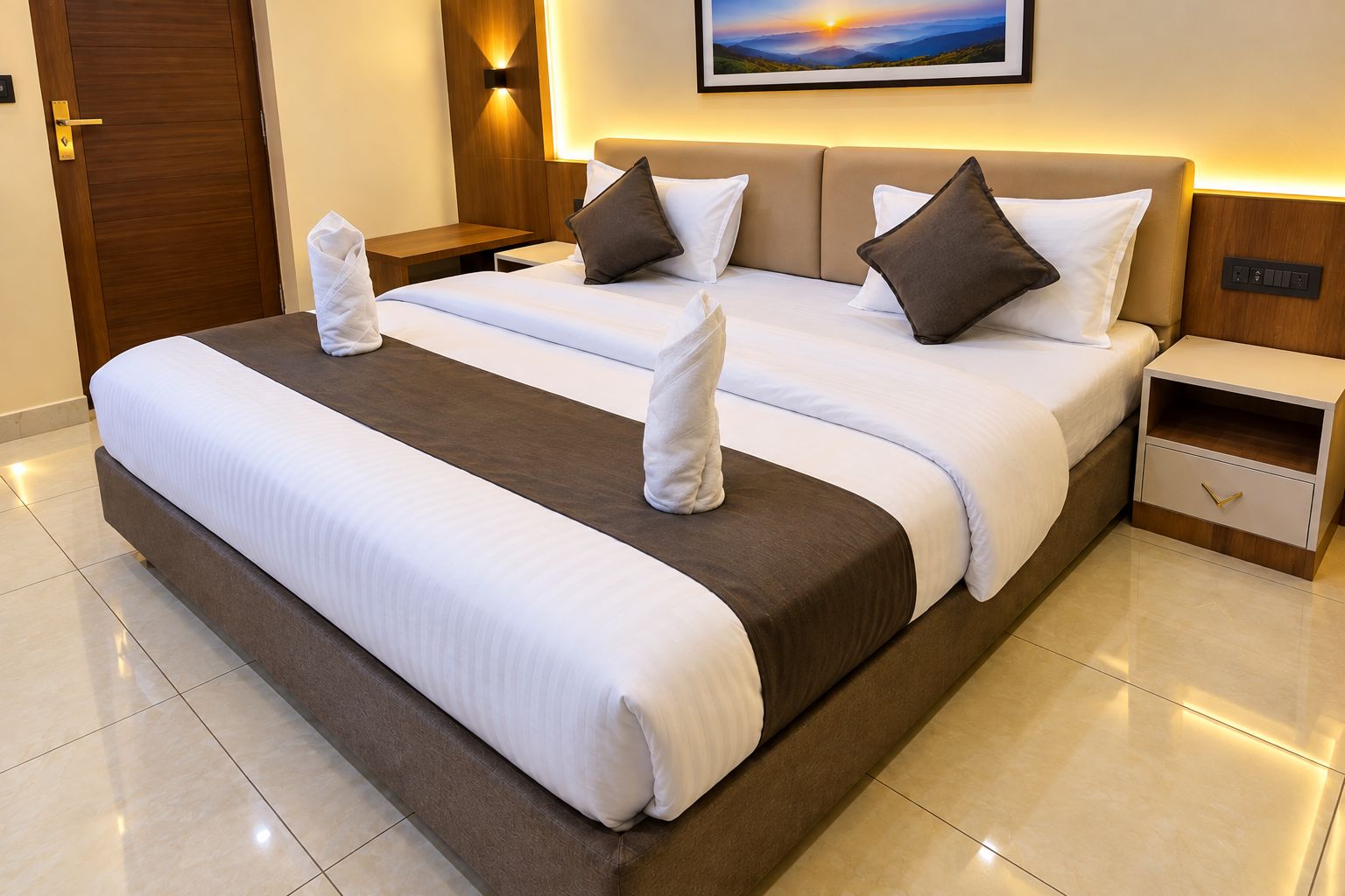 Quarto de hotel com uma cama grande, duas mesas de cabeceira e uma luminária na parede.