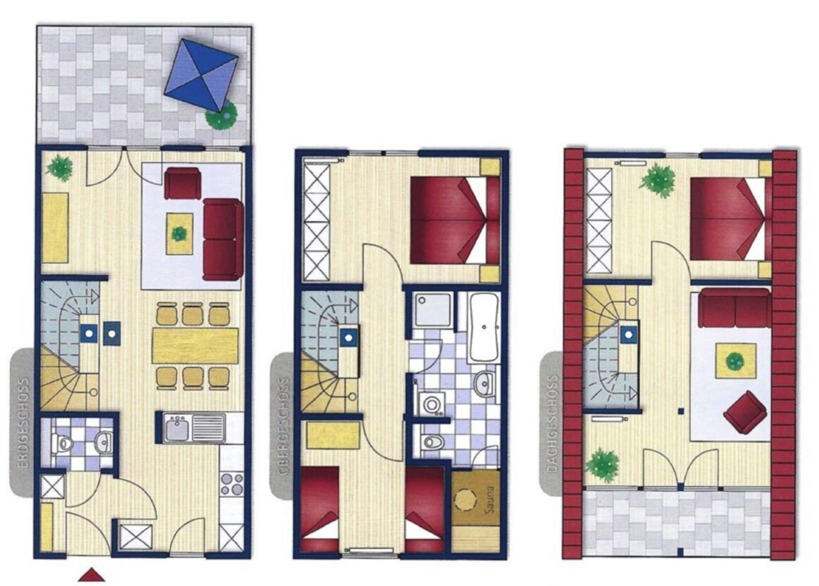 Três plantas baixas de quartos de hotel com diferentes layouts, incluindo uma cozinha, um banheiro e uma área de estar.