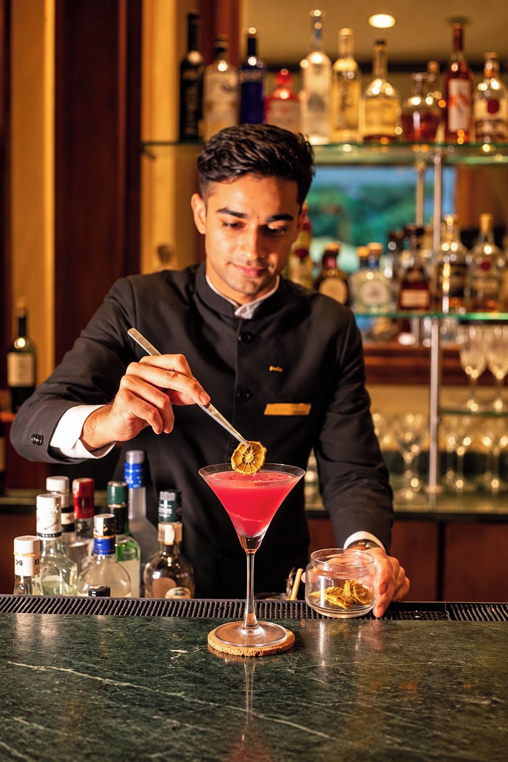 Um bartender preparando um cocktail num copo de martini com guarnição, rodeado por diversas garrafas e copos num balcão de bar.