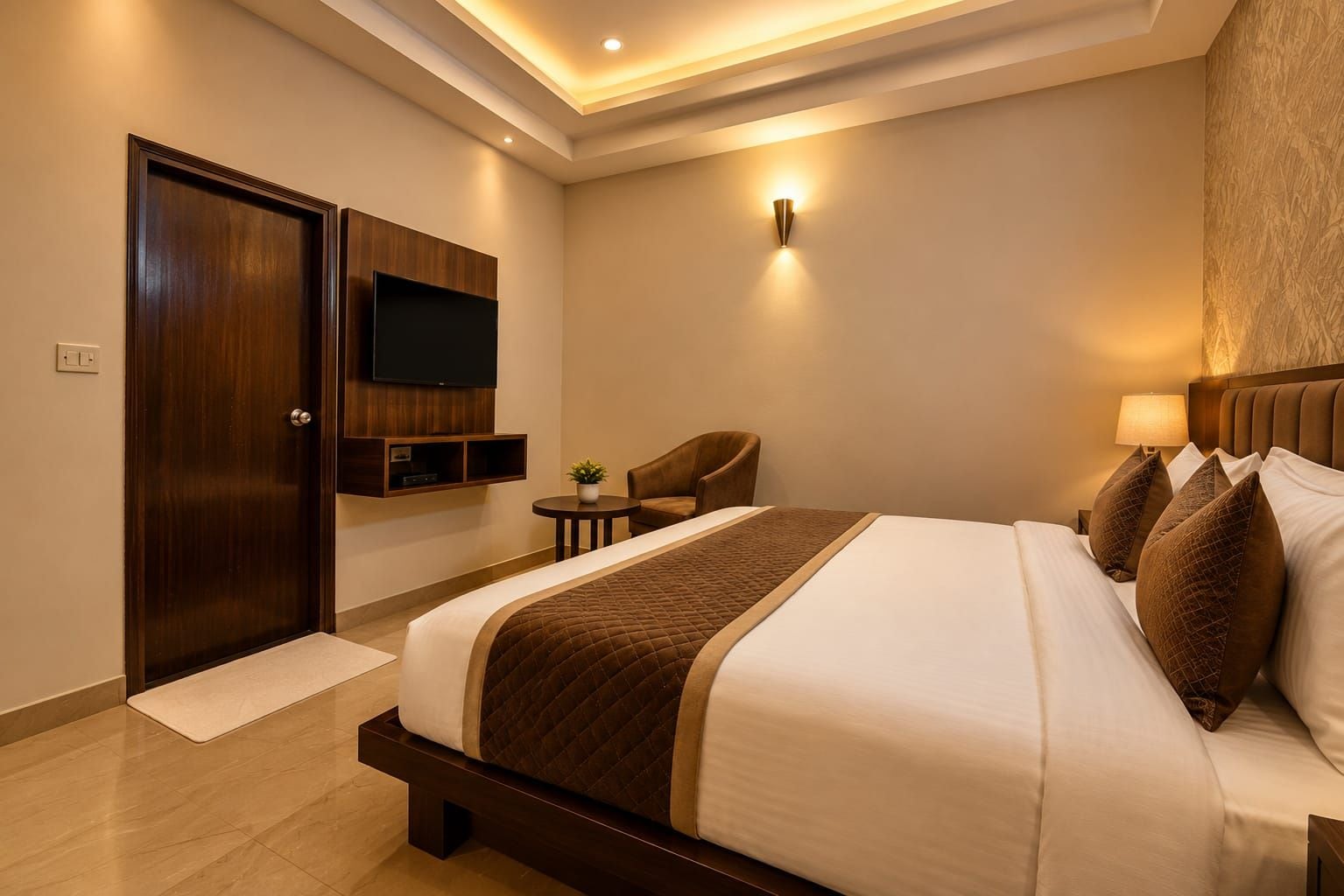 Quarto de hotel com uma cama grande, televisão fixada na parede, uma mesinha redonda com uma planta e uma cadeira.