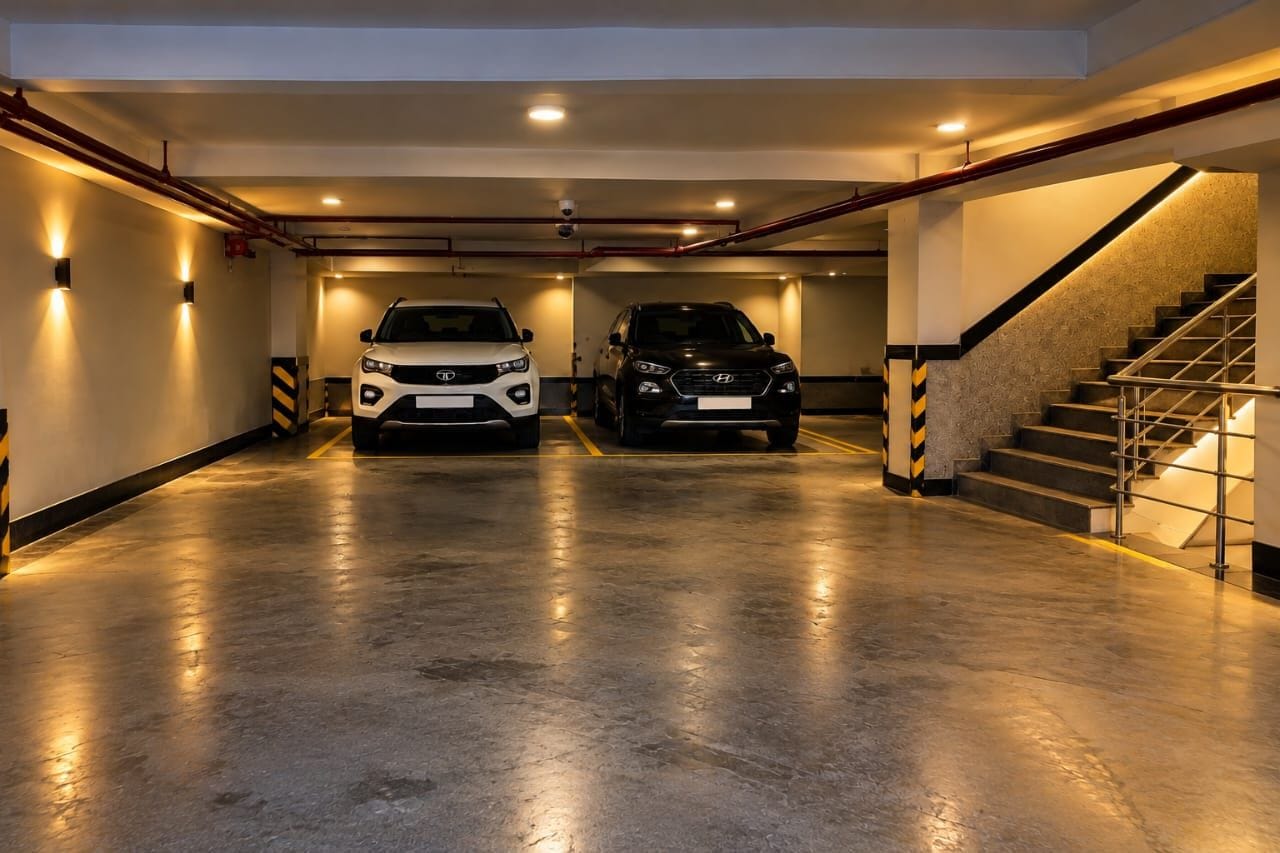 Garagem de estacionamento com dois carros estacionados, escada e câmera de segurança.
