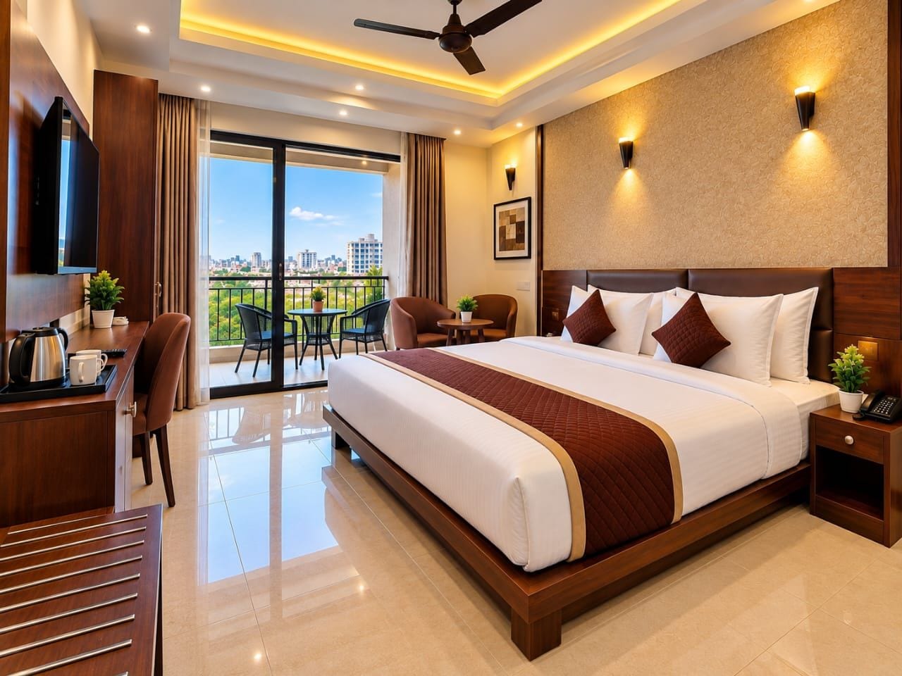 Quarto de hotel com uma cama grande, uma escrivaninha, uma cadeira, uma mesinha e uma varanda com vista para a cidade.