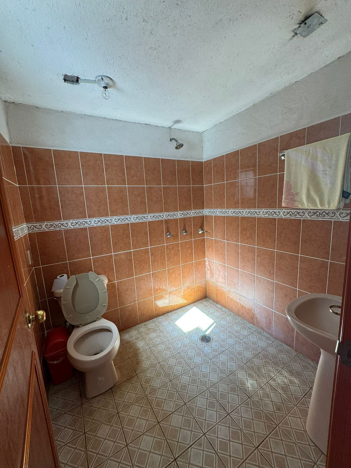 Casa de banho com sanita, lavatório e chuveiro.