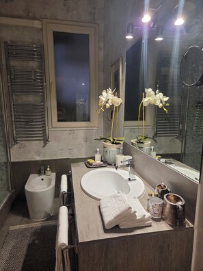 Uma casa de banho moderna com um espelho grande, uma pia, um bidé e um porta-toalhas.