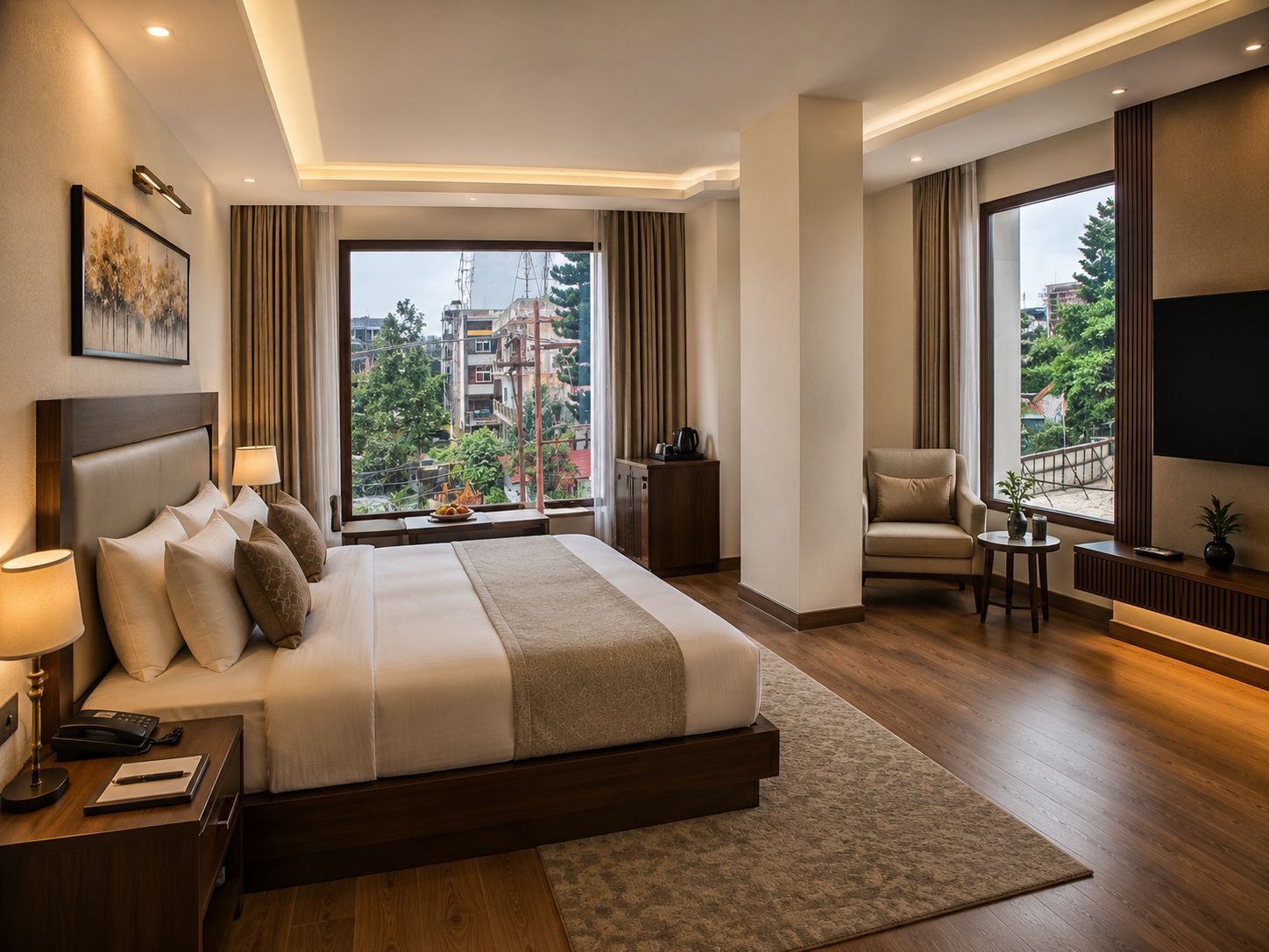 Quarto de hotel moderno com cama grande, área de estar, televisão e vista para a cidade.