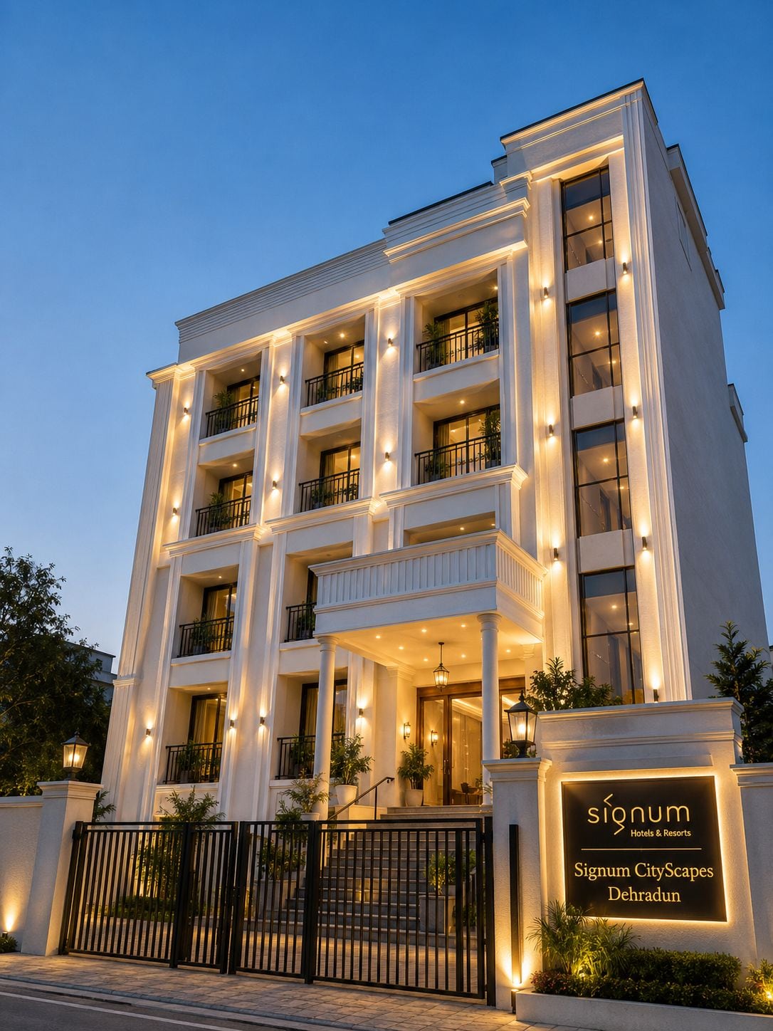 Um hotel de vários andares com uma entrada imponente, varandas e fachada bem iluminada.