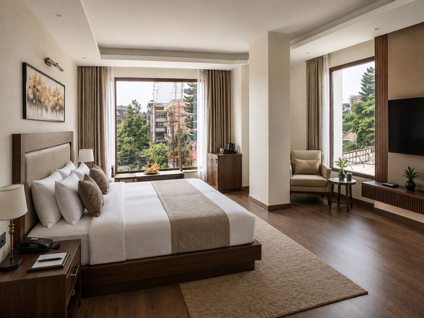 Quarto de hotel com uma cama grande, uma escrivaninha com luminária, uma cadeira, televisão e vista para edifícios e árvores.