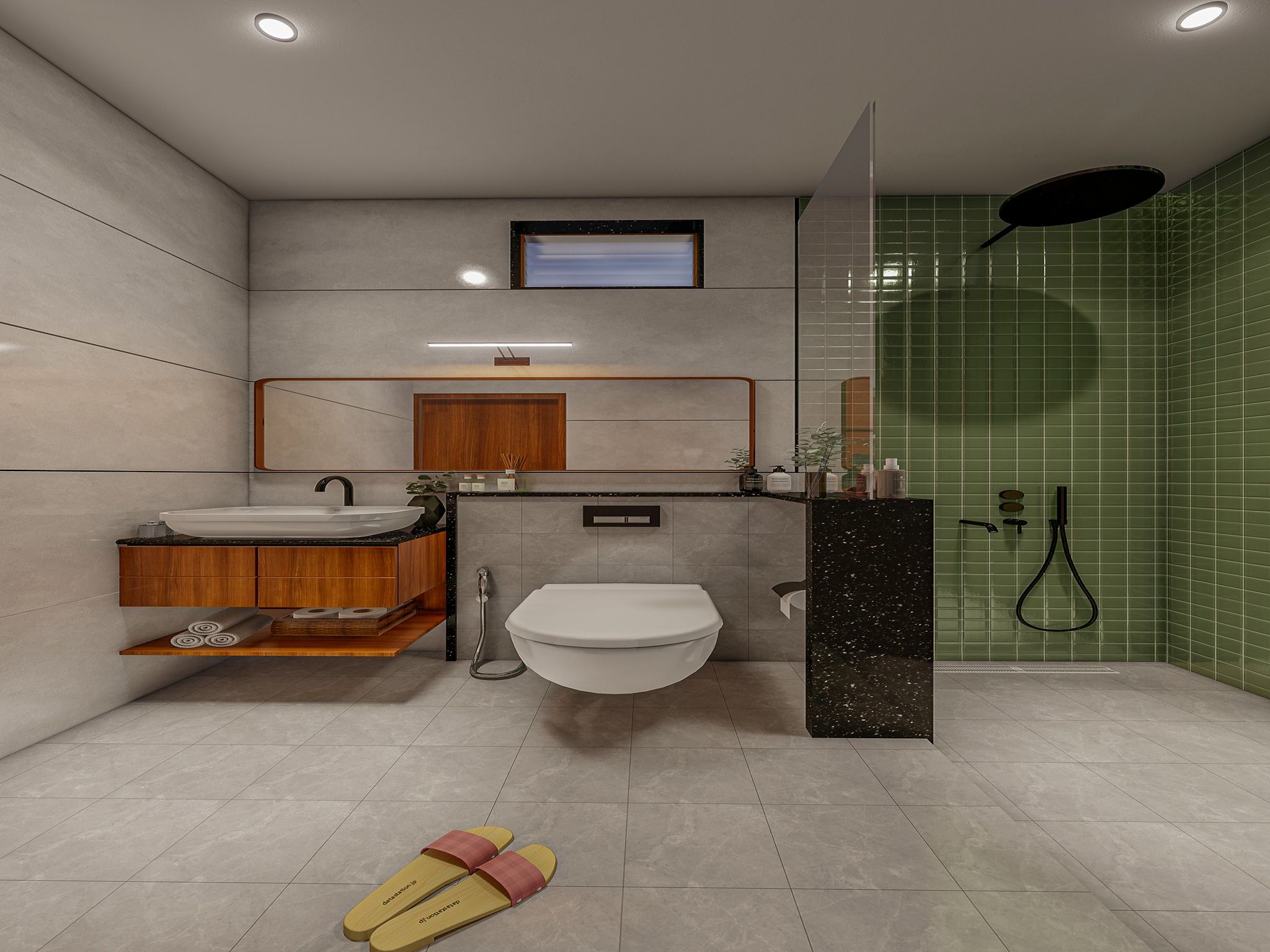 Uma casa de banho moderna com sanita, lavatório e chuveiro.