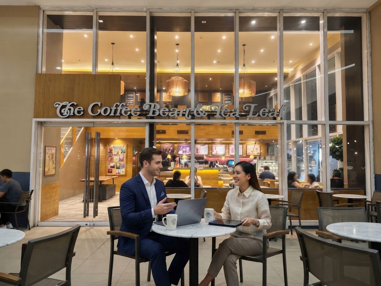 Uma área de estar interna com mesas e cadeiras, entrada de uma cafeteria e uma escada que leva a um andar superior.