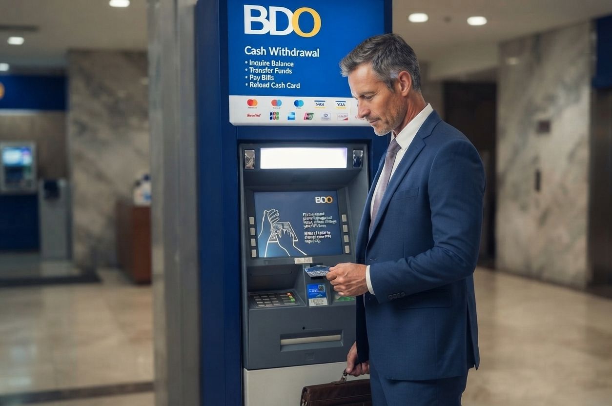Um homem usando um caixa eletrônico BDO no saguão de um hotel.