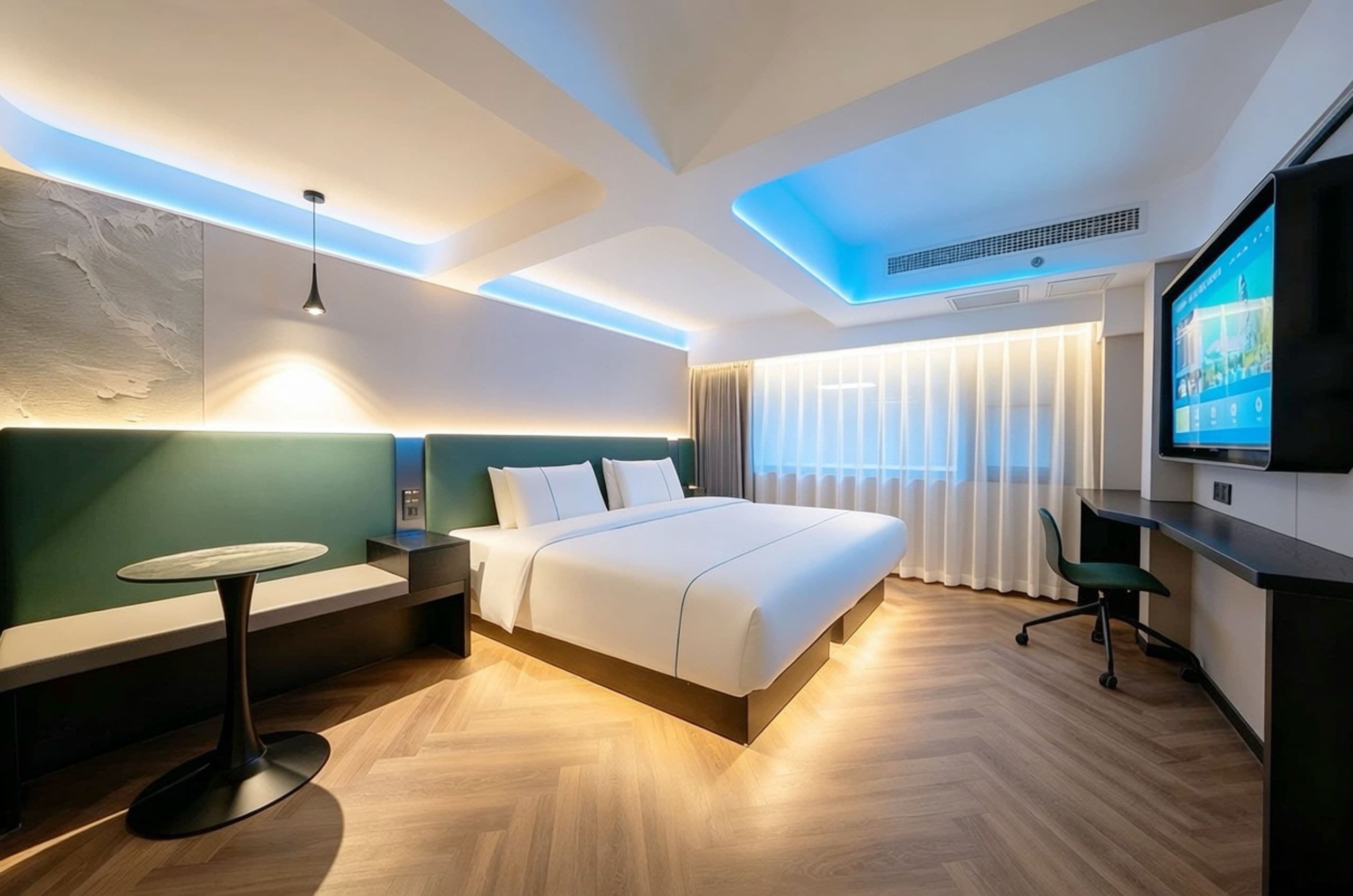 Quarto de hotel moderno com cama, escrivaninha, cadeira, televisão e vista para o exterior.