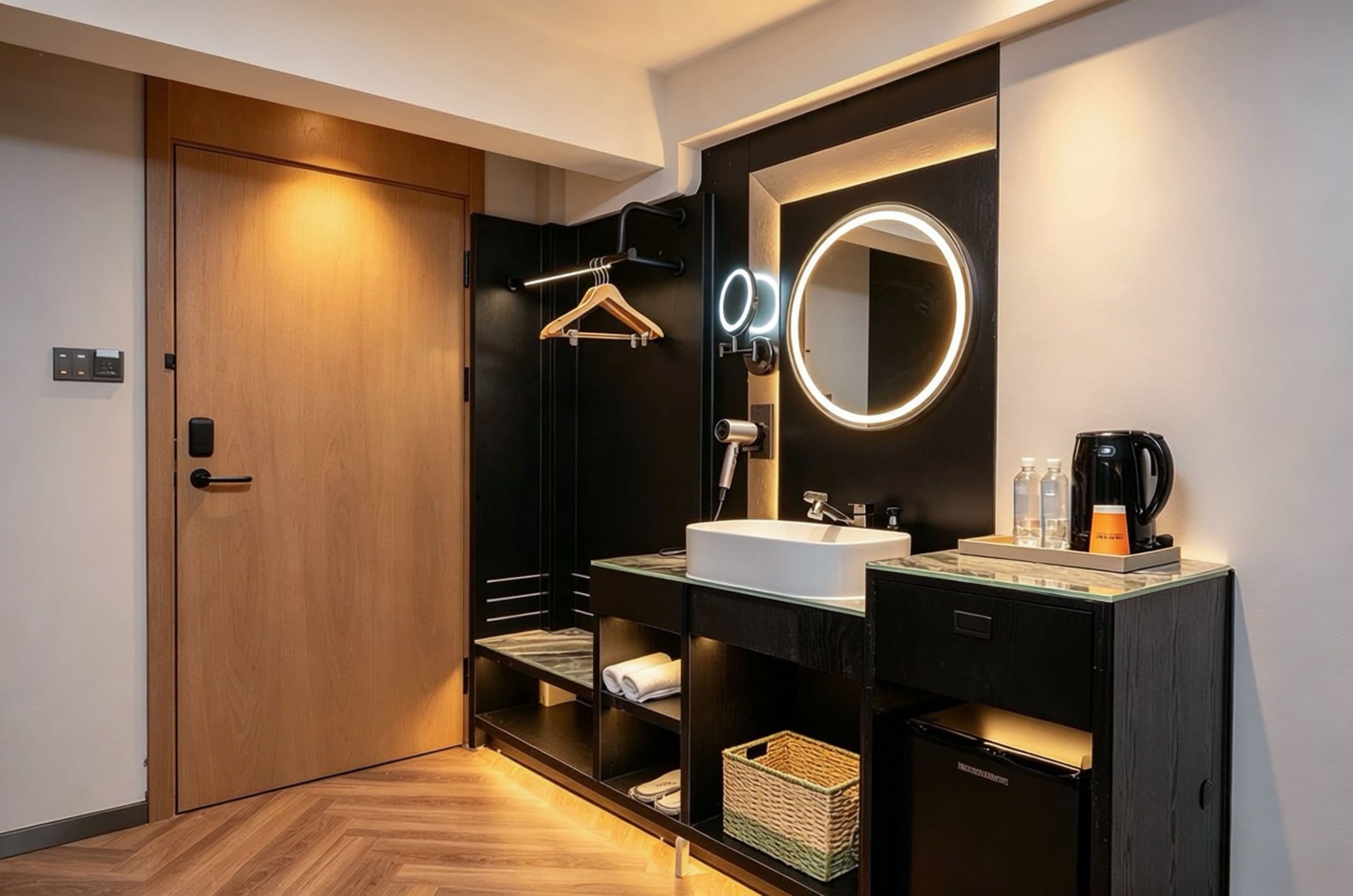 Uma casa de banho moderna com porta de madeira, espelho com luzes, pia e máquina de café.