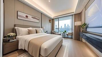 Quarto de hotel moderno com uma cama grande, vista para a cidade e design minimalista.