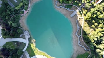 Vista aérea de um parque com um lago grande, caminhos e vegetação ao redor.