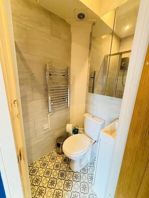 Um banheiro com vaso sanitário, chuveiro e piso revestido de azulejos.