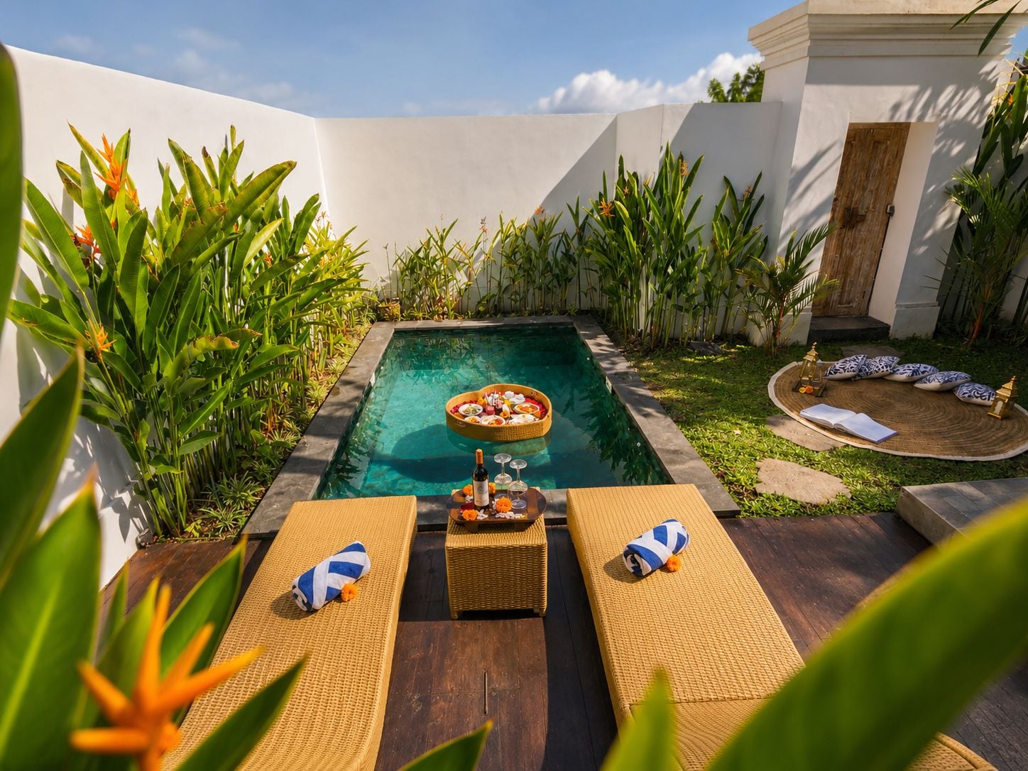 Área de piscina com uma piscina pequena, cadeiras de descanso e espaço para refeições.