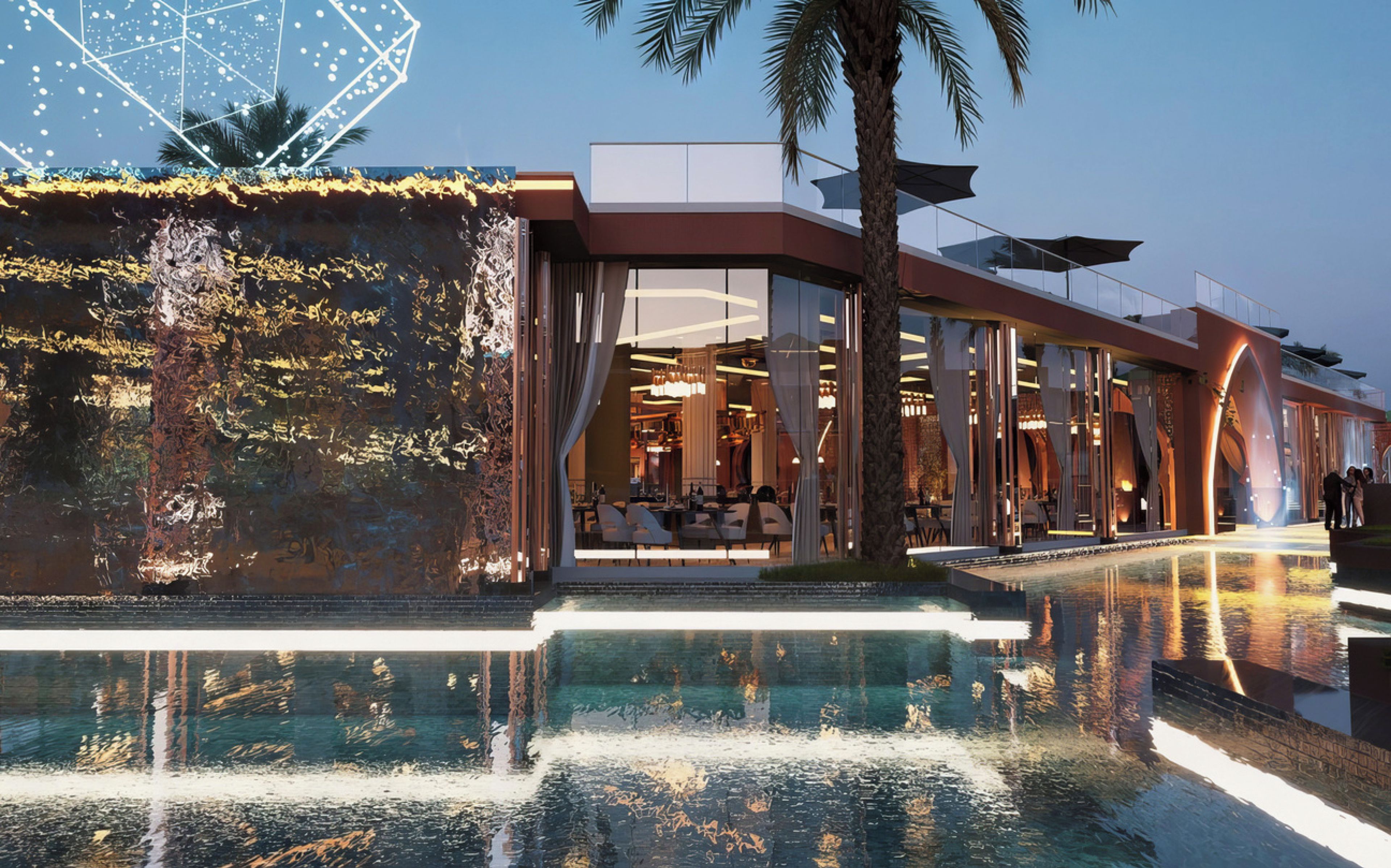 Um edifício moderno com piscina, fachada de vidro e área de estar ao ar livre.