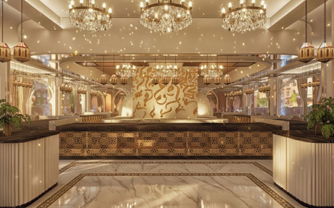 Um hall luxuoso com lustres, uma parede decorativa central e piso de mármore.