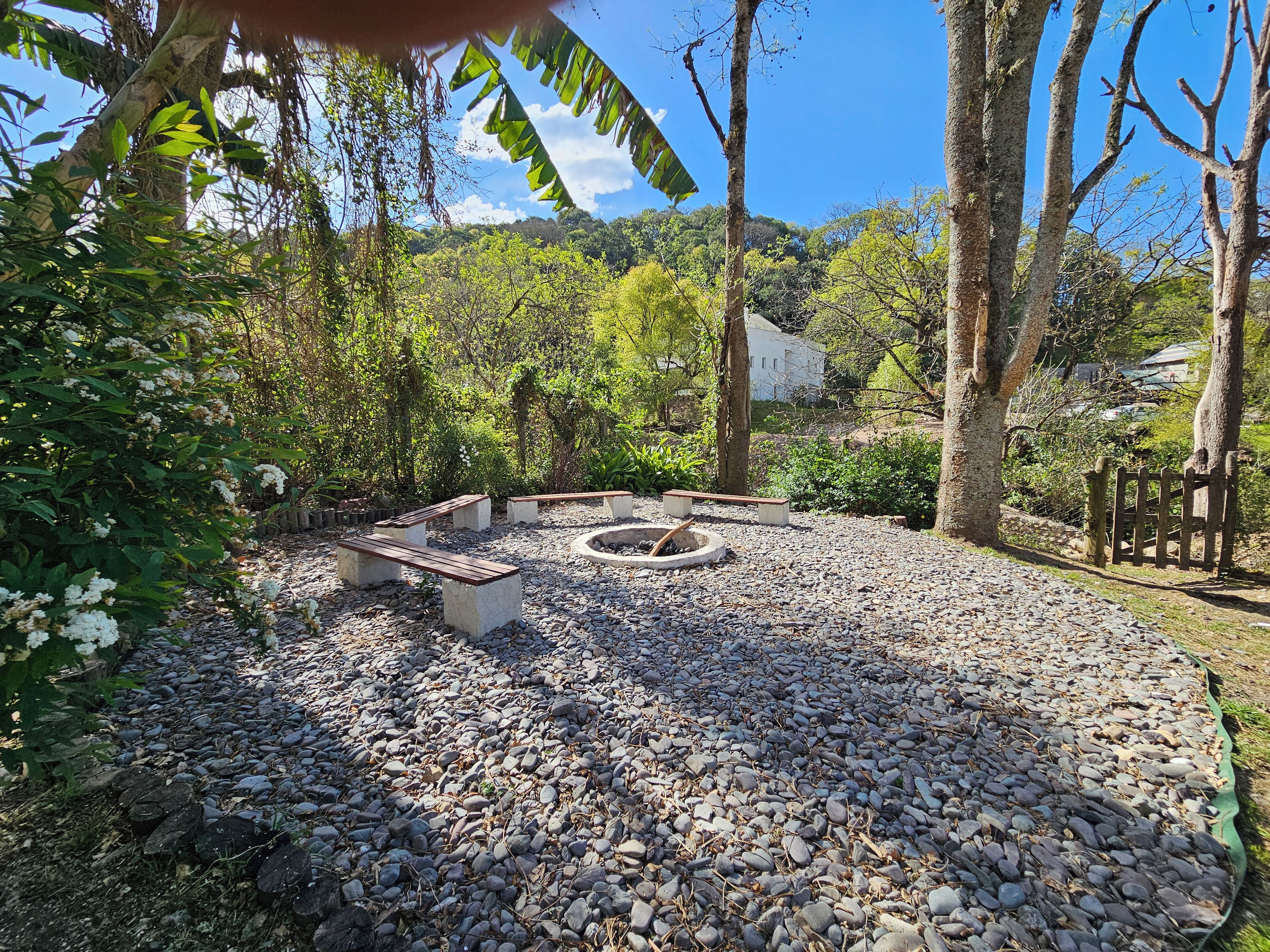 Um jardim com área de estar circular, rodeada por pedras e árvores.