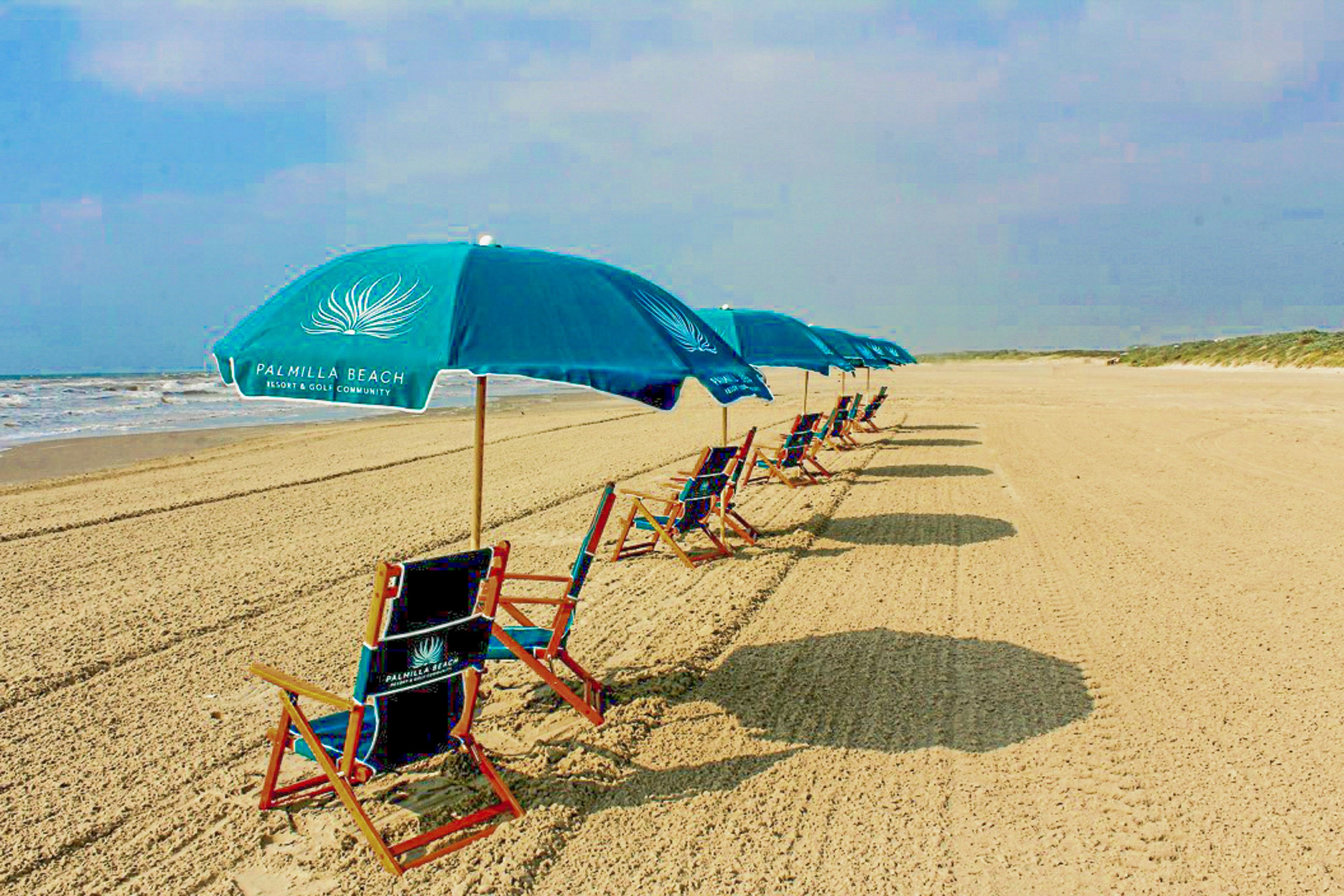 Uma praia com fileiras de guarda-sóis azuis e cadeiras de praia.