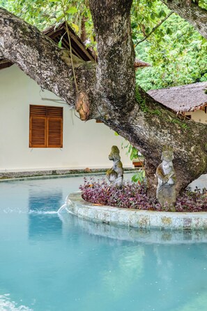 Área de piscina com árvore projetando sombra, uma estátua e um edifício com janela.