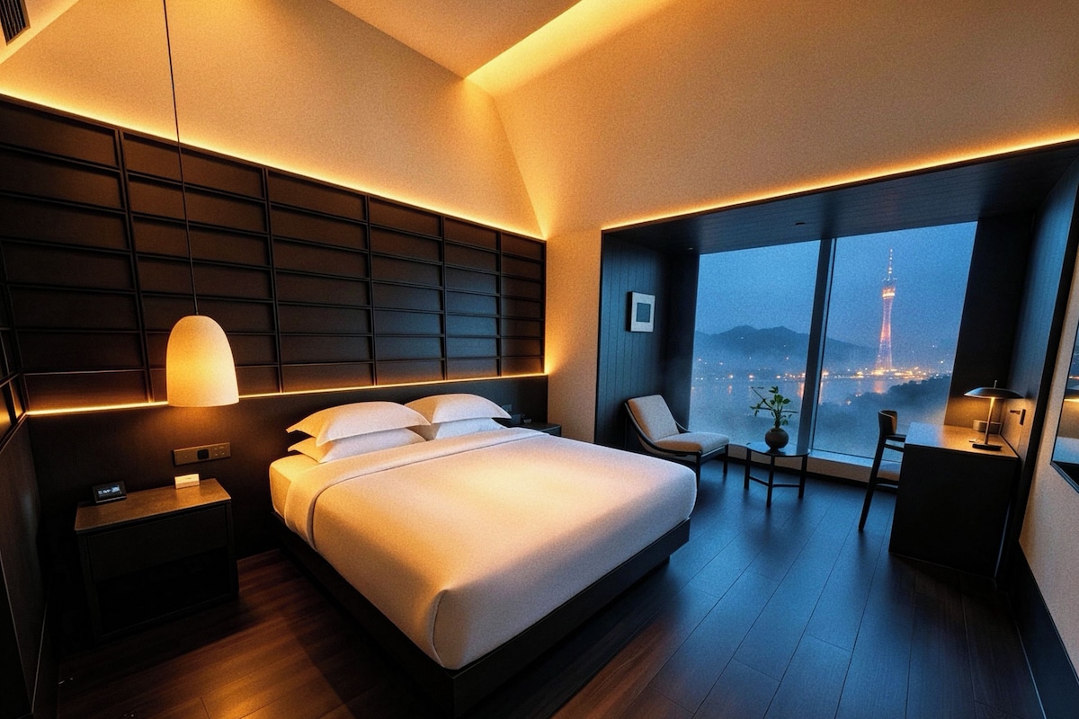 Quarto de hotel moderno com uma cama grande, área de estar e vista para a paisagem urbana.
