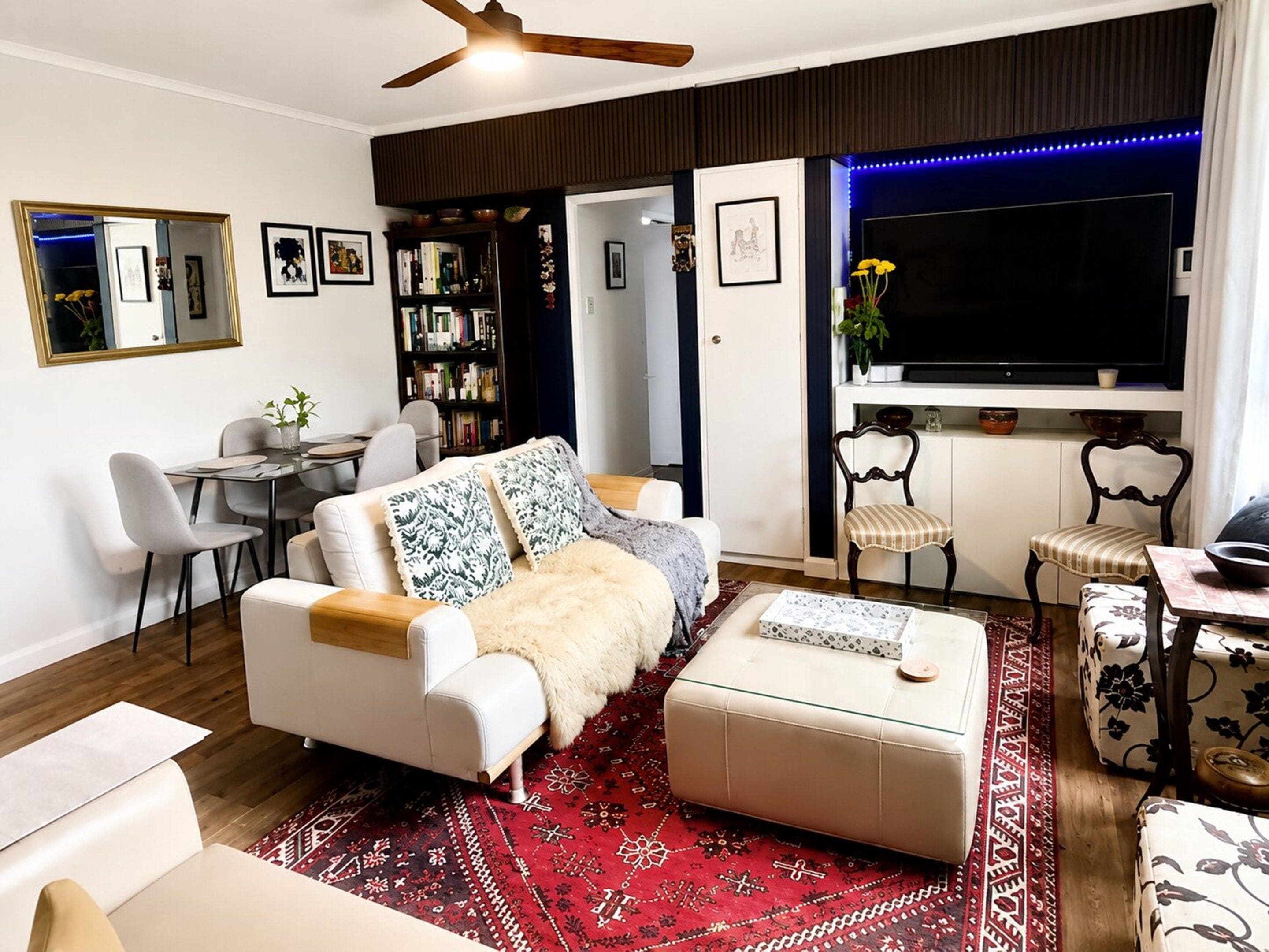 Uma sala de estar com sofá, pufê e televisão. Há uma área de jantar com cadeiras e mesa.