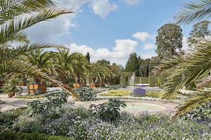 Um jardim com diversas plantas, uma fonte e um cercado de madeira.