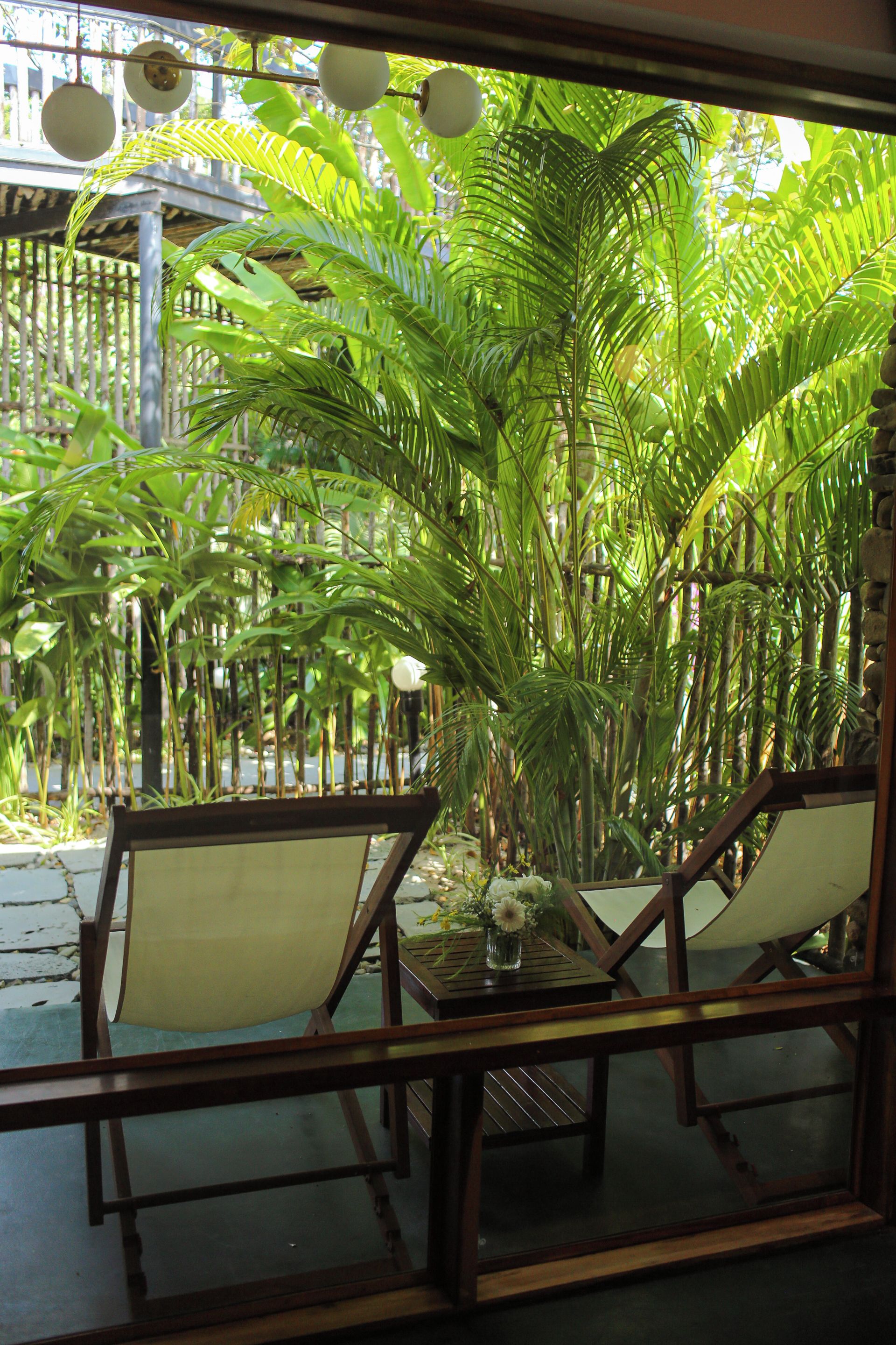 Vista pela janela, com uma mesa e cadeiras, em meio a plantas verdes exuberantes.