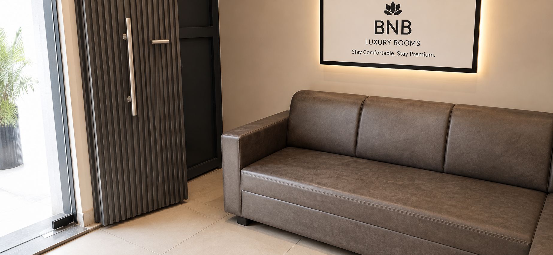 Um interior moderno com um sofá de couro, uma placa emoldurada acima e uma porta com linhas verticais.