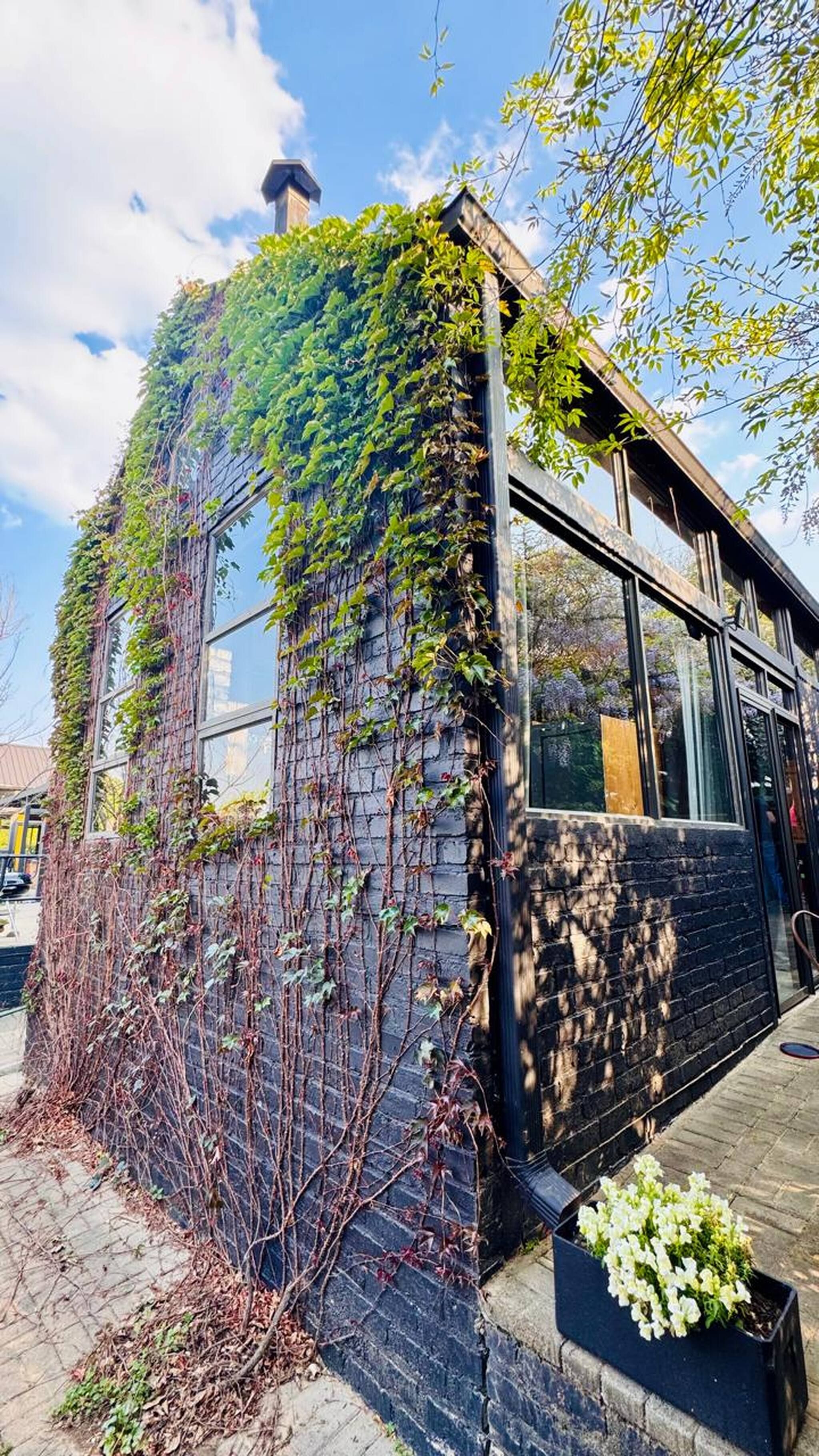 Um edifício com fachada de tijolos, parcialmente coberto por plantas trepadeiras.