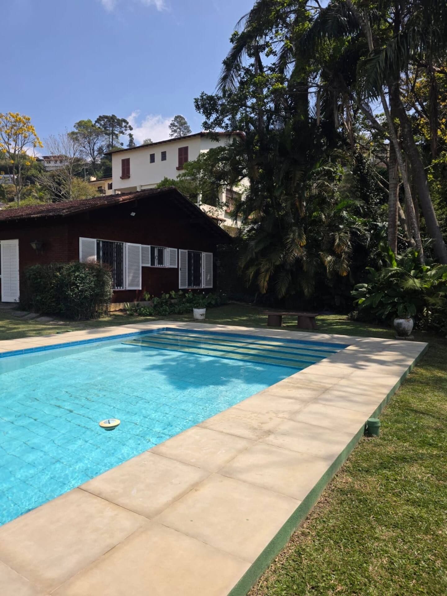 Piscina com deck ladrilhado, rodeada por vegetação exuberante e um edifício com venezianas brancas.