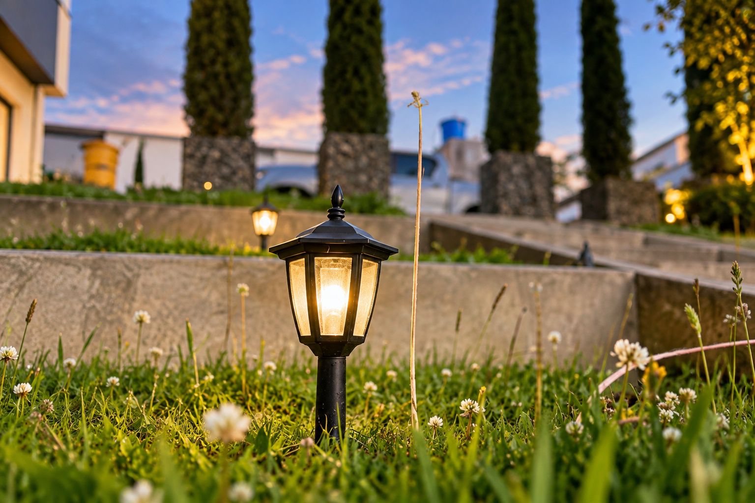 Um jardim com um único candeeiro, relva e flores silvestres.
