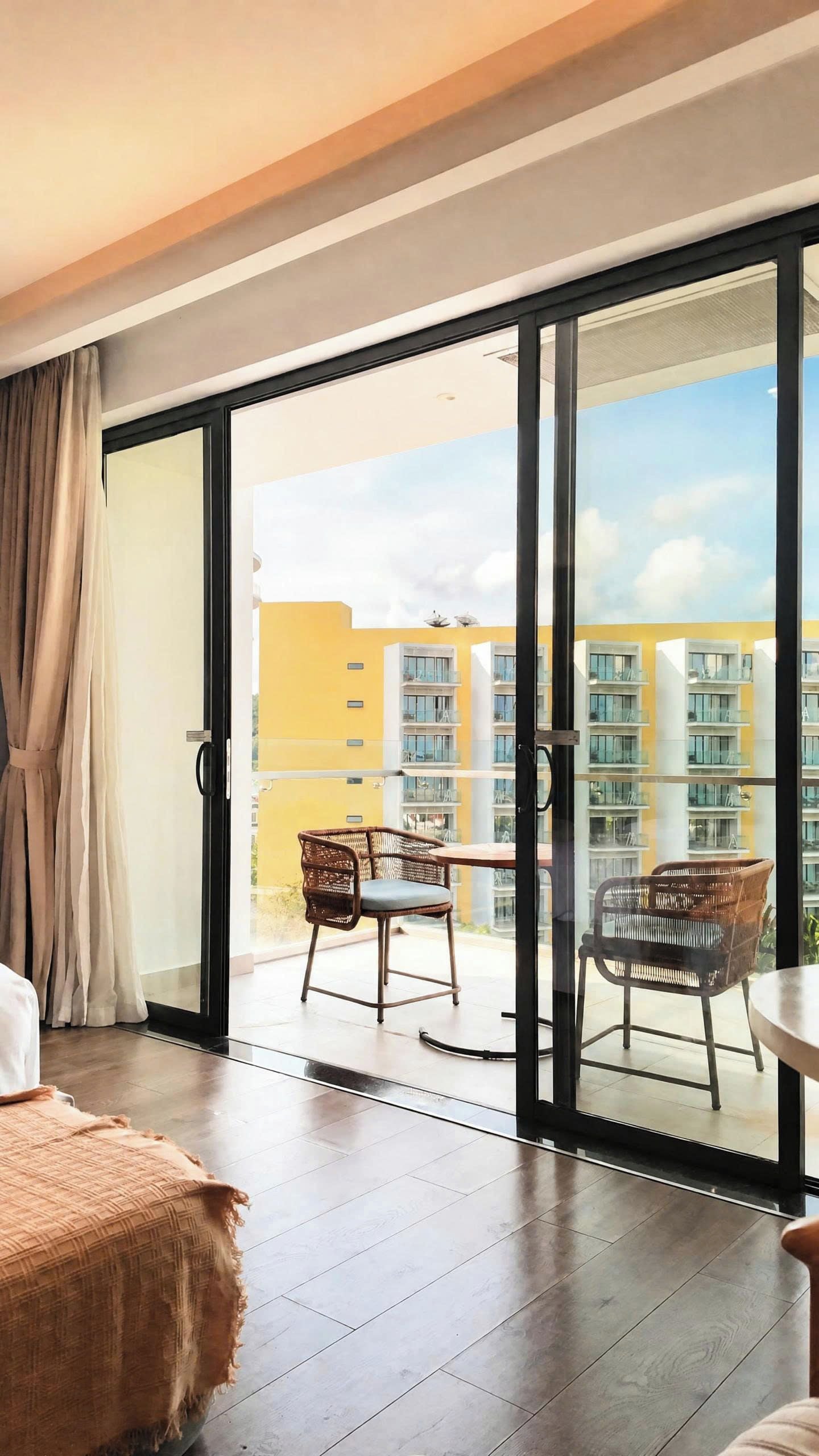 Quarto de hotel com porta de vidro deslizante que dá para uma varanda externa com mesa e cadeiras.