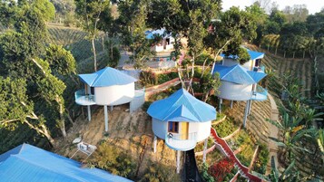 Um conjunto de acomodações em estilo de casa na árvore, com varandas externas, rodeadas por vegetação exuberante e jardins em terraços.