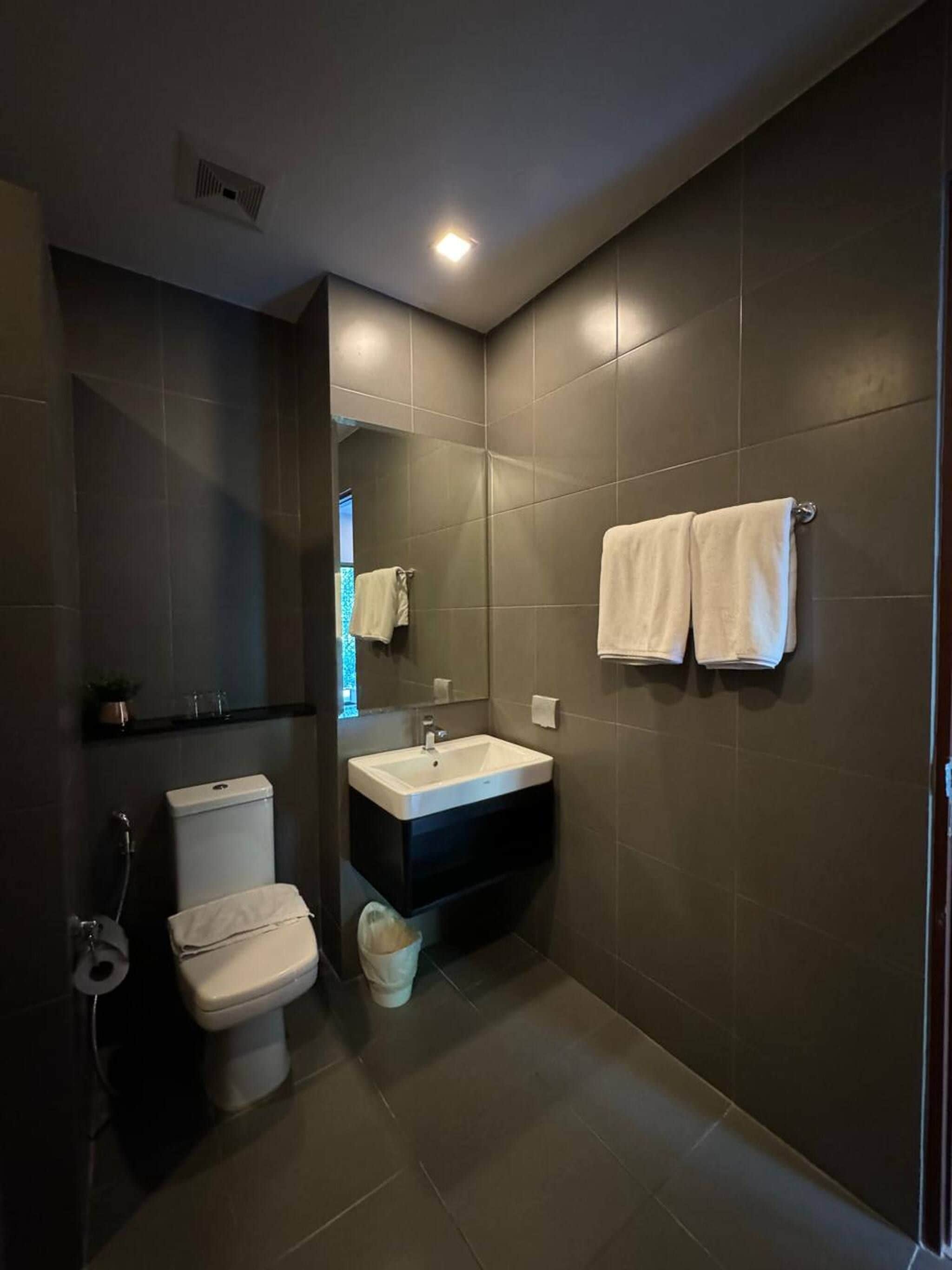 Uma casa de banho moderna com sanita, lavatório e chuveiro.