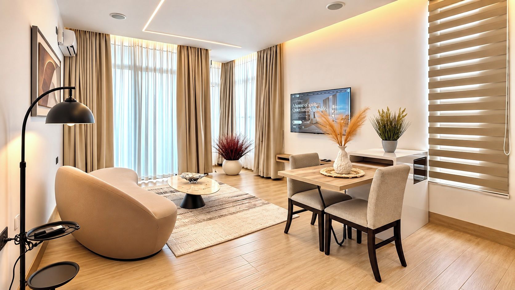 Uma sala de estar moderna com sofá, mesa de jantar e cadeiras. Há uma luminária, uma planta e uma televisão na parede.