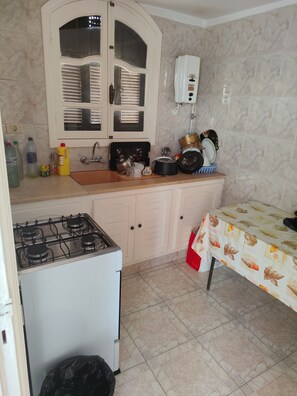 Cozinha compacta com fogão a gás, pia e pequena geladeira.