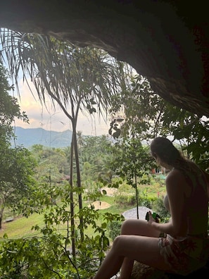 Uma pessoa sentada sob uma árvore, com vista para uma paisagem exuberante e colinas ao longe.