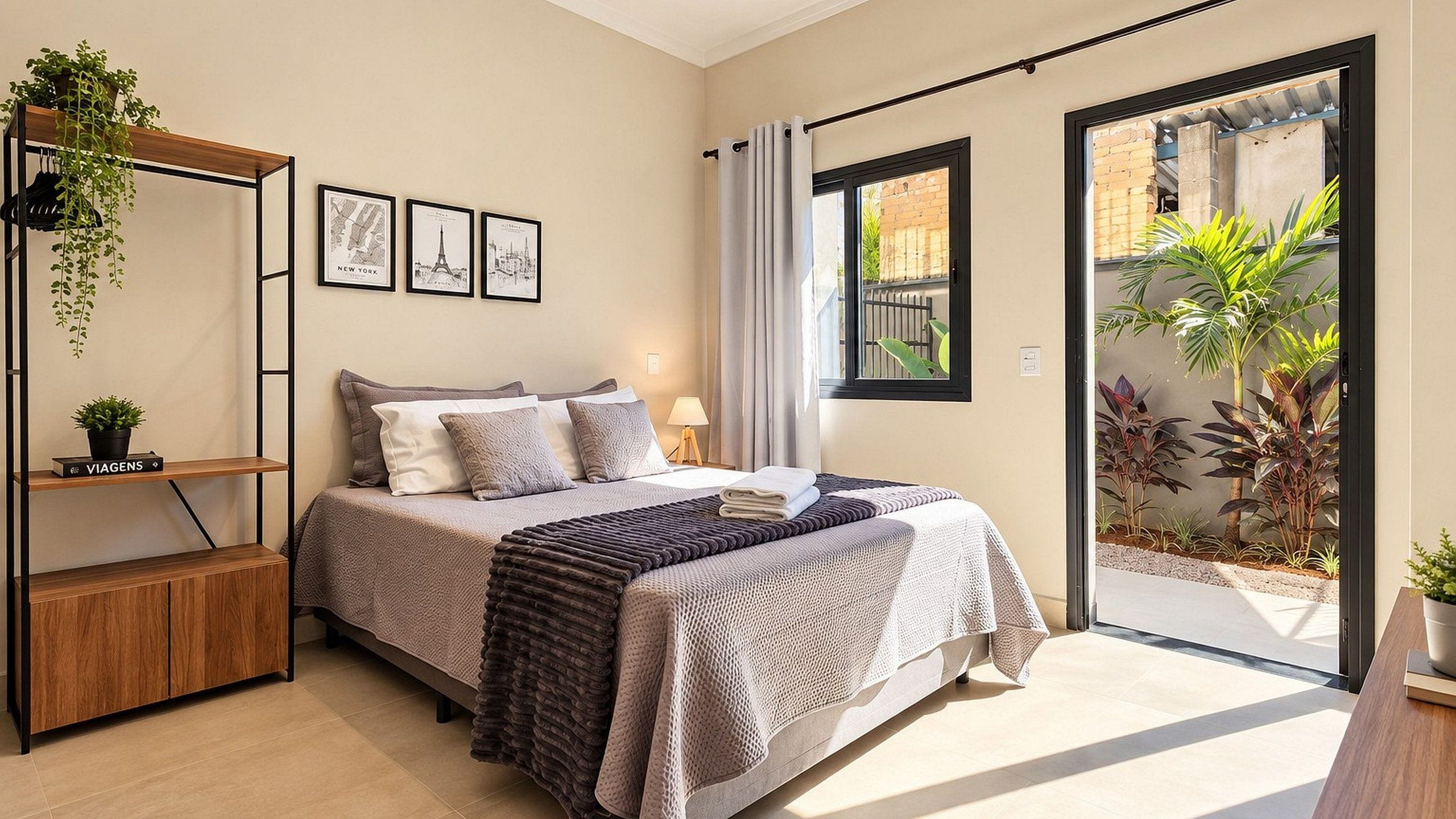 Quarto com cama, mesa de cabeceira, guarda-roupa, janela e vista para o exterior.
