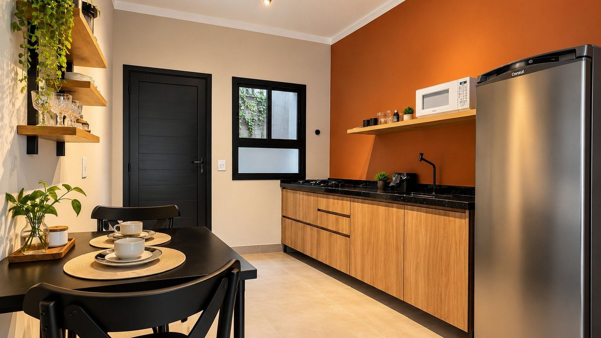 Cozinha compacta com geladeira preta, armários de madeira, bancada preta e janela com vista para vegetação.