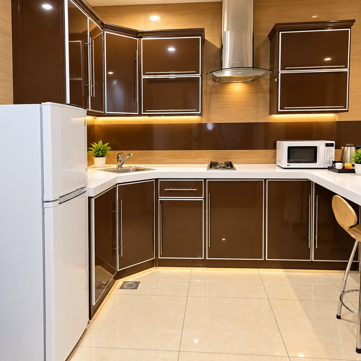 Minifrigorífico, um micro-ondas, um forno, uma placa de cozinha 